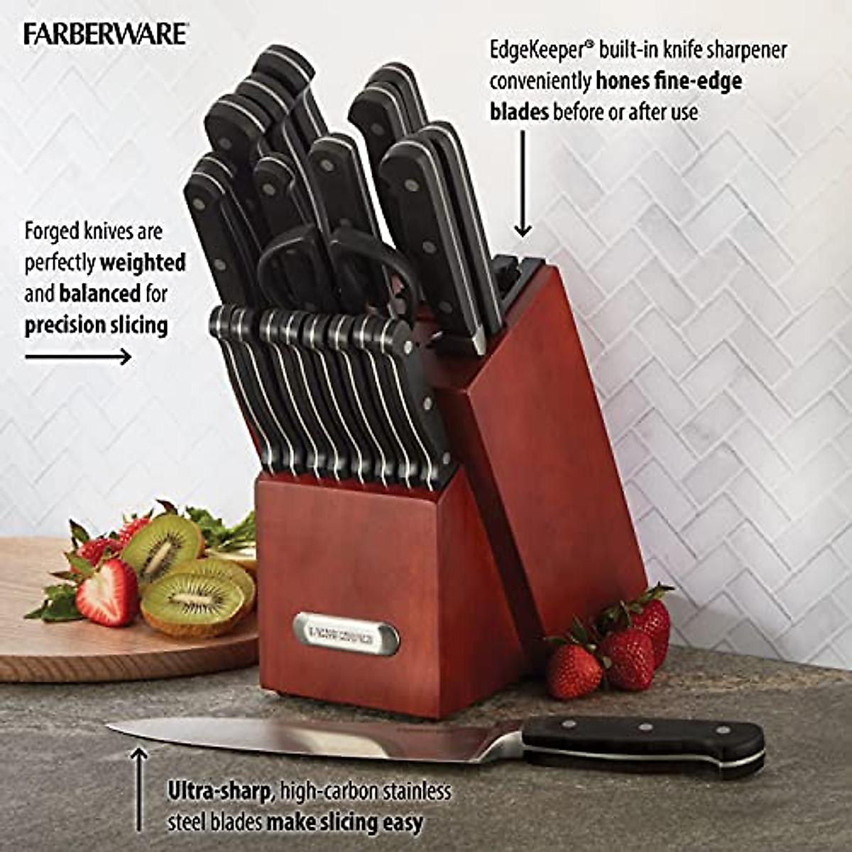 Farberware Forged Triple Rivet Kitchen Knife Block Set with Built-In Knife Sharpener, 21-Piece Set, High-Carbon Stainless Steel Knife Set Includes Meat Cleaver, Carving Fork and 8 Steak Knives, Cherry