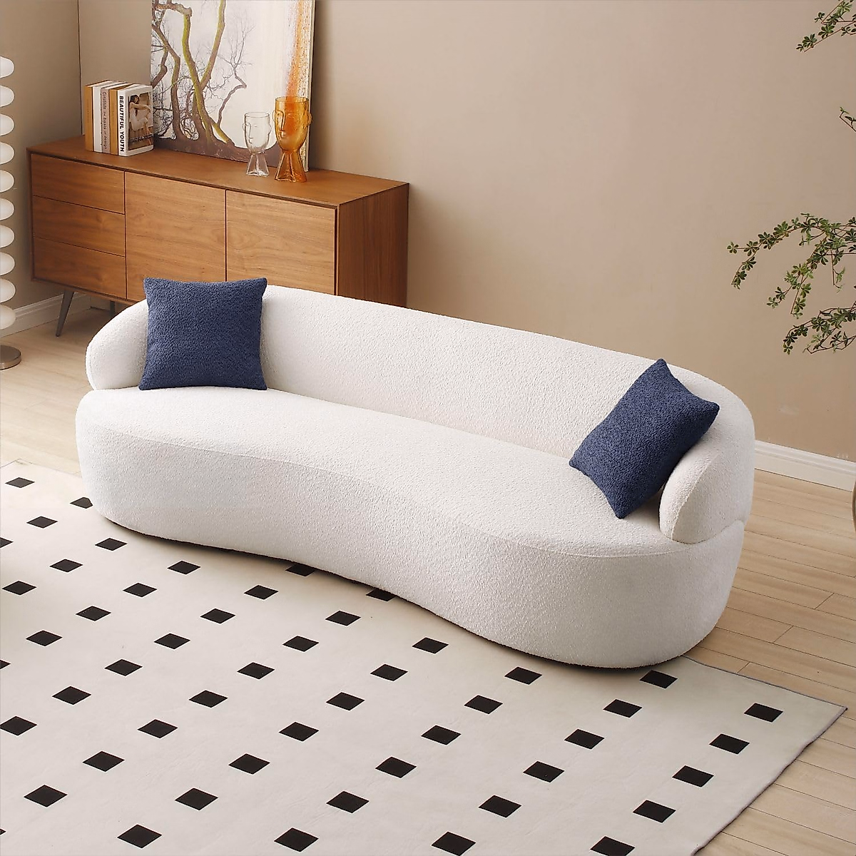 KEVINSPACE 86.61" Curved Sofa, Mid Century Modern Living Room Sofa, 3 Seater Boucle Couch with 2 Pillows, Luxury Curved Back Sofa Cream Couch for Bedroom, Office, Apartment, Beige