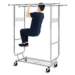 HOKEEPER Double Clothing Garment Rack with Shelves Capacity 600 lbs Clothing Racks on Wheels Rolling Clothes Rack for Hanging Clothes Heavy Duty Portable Collapsible Commercial Garment Rack Chrome