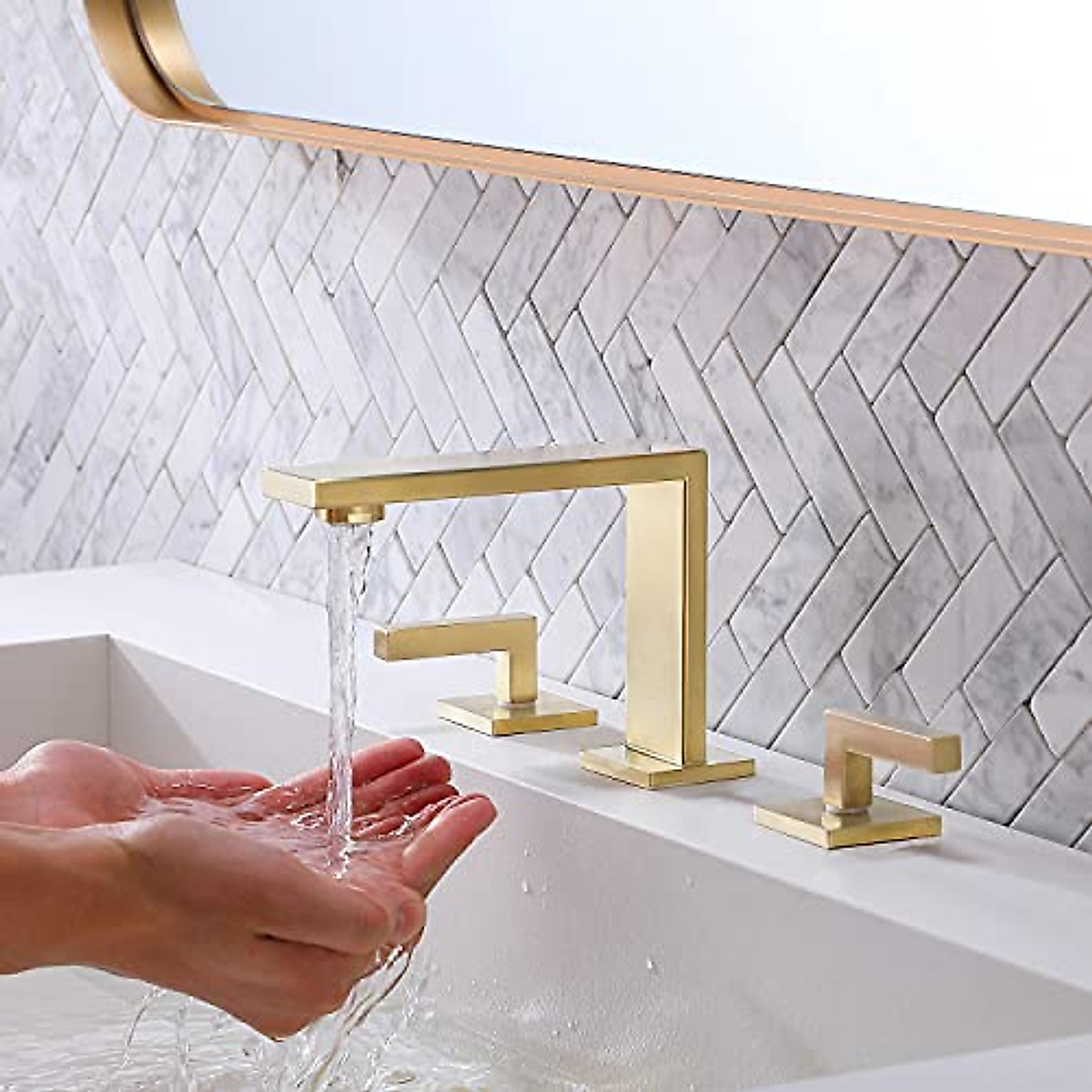 VCCUCINE Gold Bathroom Faucet, Modern Commercial 2 Handle 3 Holes Brushed Gold Widespread Bathroom Faucet, Brass Gold Bathroom Lavatory Vanity Sink Faucet with Water Supply Lines