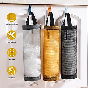 Plastic Bag Holder, Mesh Grocery Bag Holder Hanging Storage Bag Dispenser Foldable Breathable Washable Organizer for Home Kitchen (Black Gray Yellow 3 packs)