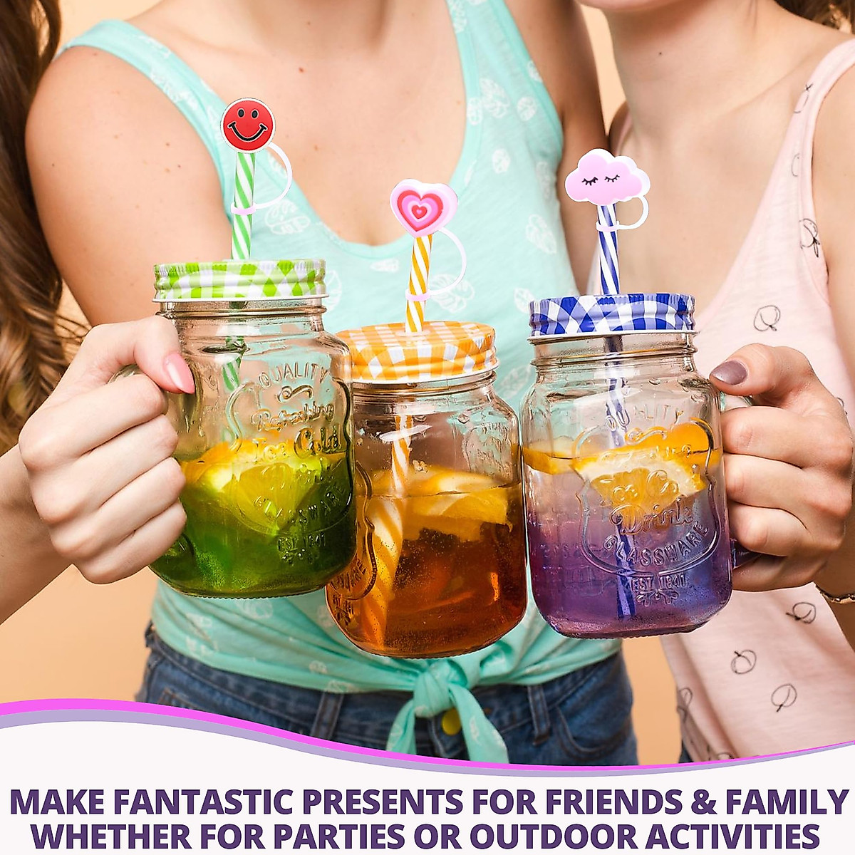 KikiAvenue 3 Piece Glow In The Dark Straw Covers Compatible With Stanley 30 & 40oz Tumbler Cups, Unique Heart, Cloud and Smiley Face Light Up Design Perfect For 9.5-10MM Straws