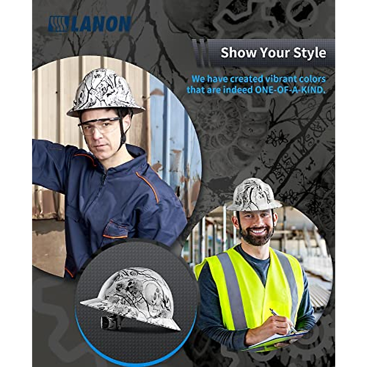 LANON Full Brim Hard Hat, OSHA Construction Work Approved, Premium Charcoal Gray Design, FRP Safety Helmet with 4 Point Adjustable Ratchet Suspension, Class C