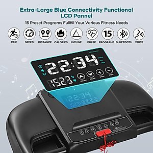Treadmill with 15% Auto Incline 17.5'' Foldable Treadmill with Bluetooth Speaker Control Treadmill with Incline 5 Pre-Set Training Programs LCD Monitor 8.5 MPH Treadmills for Home Office Gym Use