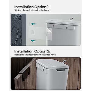 SONGMICS Hanging Trash Can, 2.4-Gallon Kitchen Trash Can with Lid for Food Waste, Wall Mounted Trash Can, Hanging or Sticking on Cupboard Door, for Kitchen Cabinet, Under Sink, Gray ULTB820G9