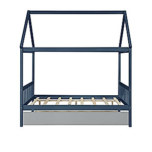 HAUSHECK Toddlers Montessori Bed with Trundle, Full Size Montessori Bed Frame with Headboard & Footboard, House Bed Fun Playhouse for Kids Boys & Grils, No Box Spring Needed, Wooden Slatted Support