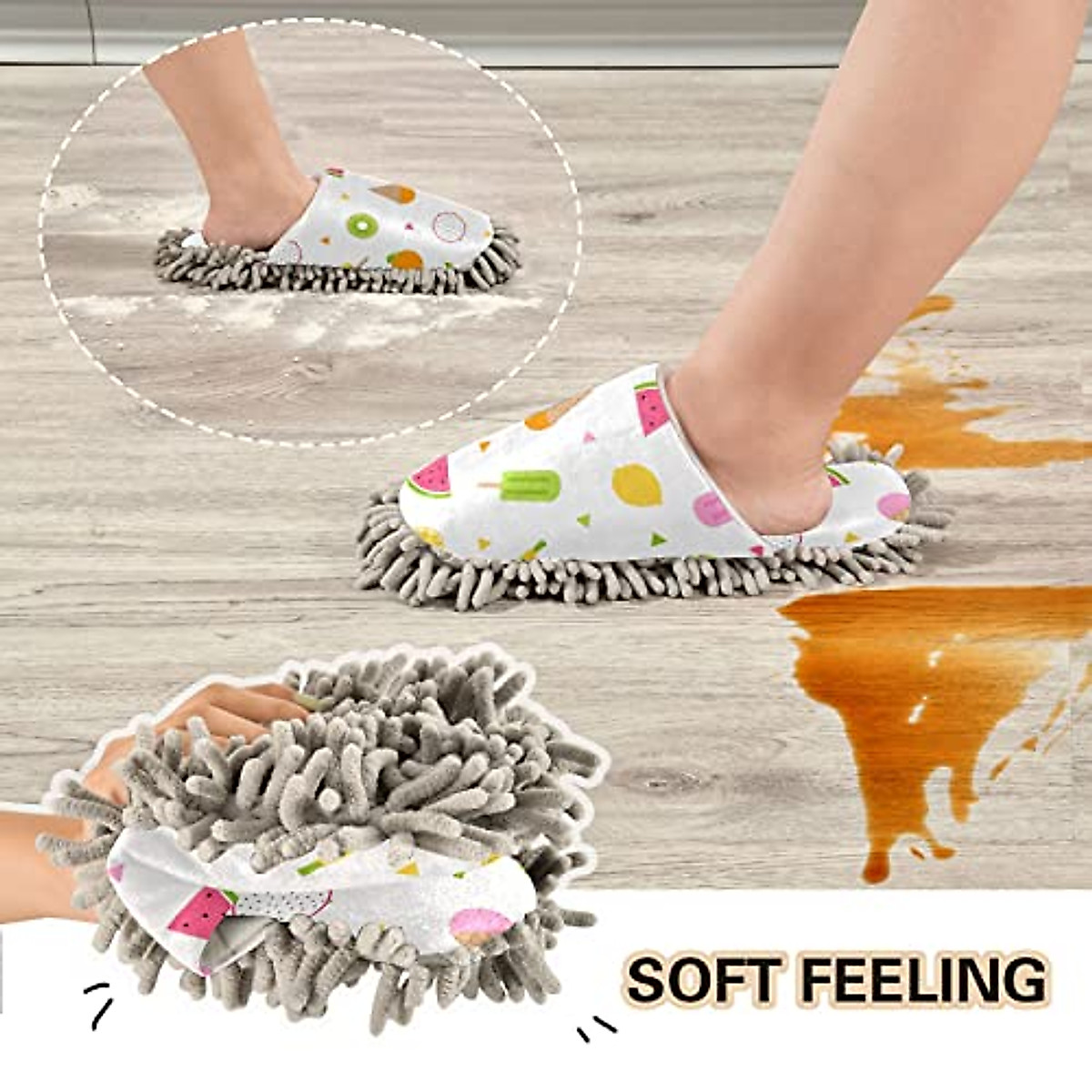 Microfiber Cleaning Slippers Cute Tropical Fruits Washable Mop Shoes Slipper for Men/Women House Floor Dust Cleaner, Size M