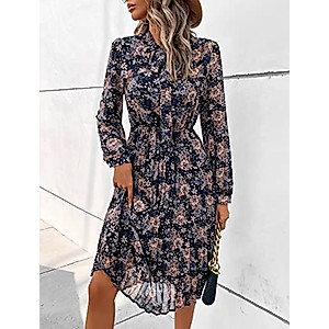 HAOKEKE Women Print Dress Long Sleeves Chiffon Dress Retro Pleated Buttons Down Bow Tie Fairy Lady Dress Navy Blue Flower Print US 12-14