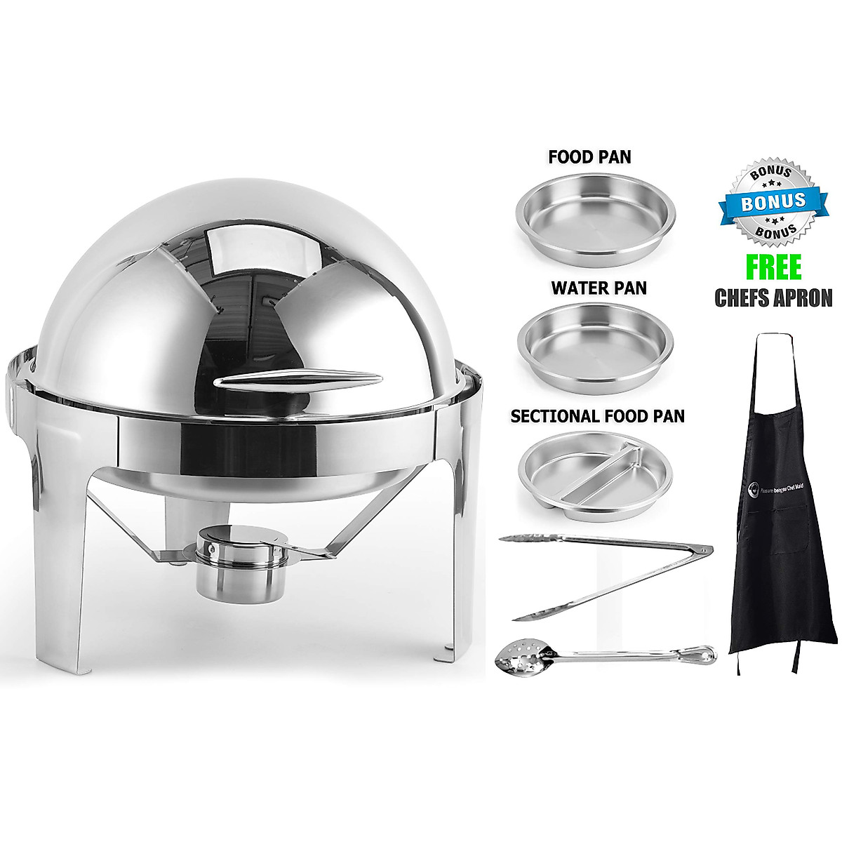 [6 Quart Chafer] Chafing Dish Round Roll Top Bundle Stainless Steel with Apron Buffet Warmer for All Events