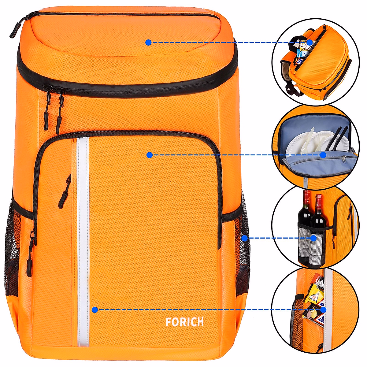 FORICH Backpack Cooler Leakproof Insulated Waterproof Backpack Cooler Bag, Lightweight Soft Beach Cooler Backpack for Men Women to Work Picnics Camping Hiking, 30 Cans (Orange)