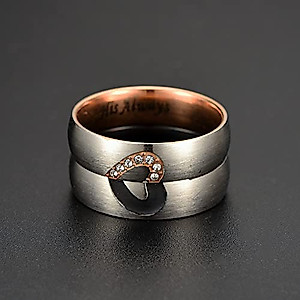 Personalized Matching Heart Promise Rings for Couples Stainless Steel Custom Engraved Couples Rings for Him and Her Set Black Wedding Ring Set His Hers Couples Matching Rings Half Heart Rings Stainless Steel Size 5-13 with Box (Rose Gold)