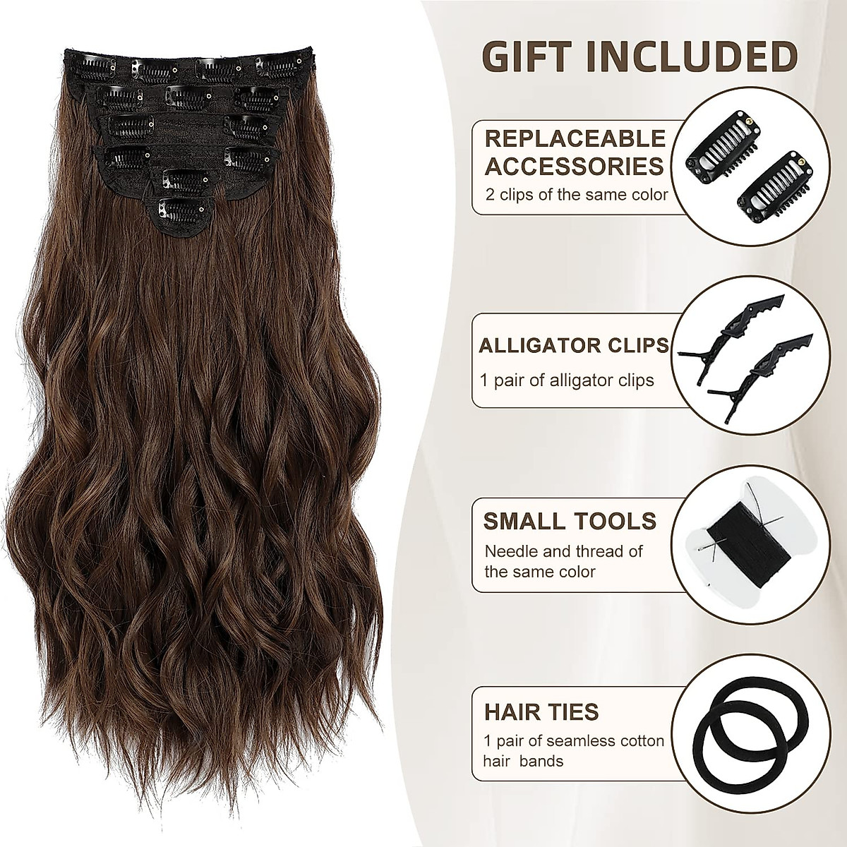 Clip in Hair Extensions, 6 PCS Light Brown Extensions, Wavy Hair Extensions, Natural & Soft Hair & Blends Well Hair Extensions, Chocolate Brown Long Wavy Hairpieces(20inch, 6pcs, Chocolate Brown)