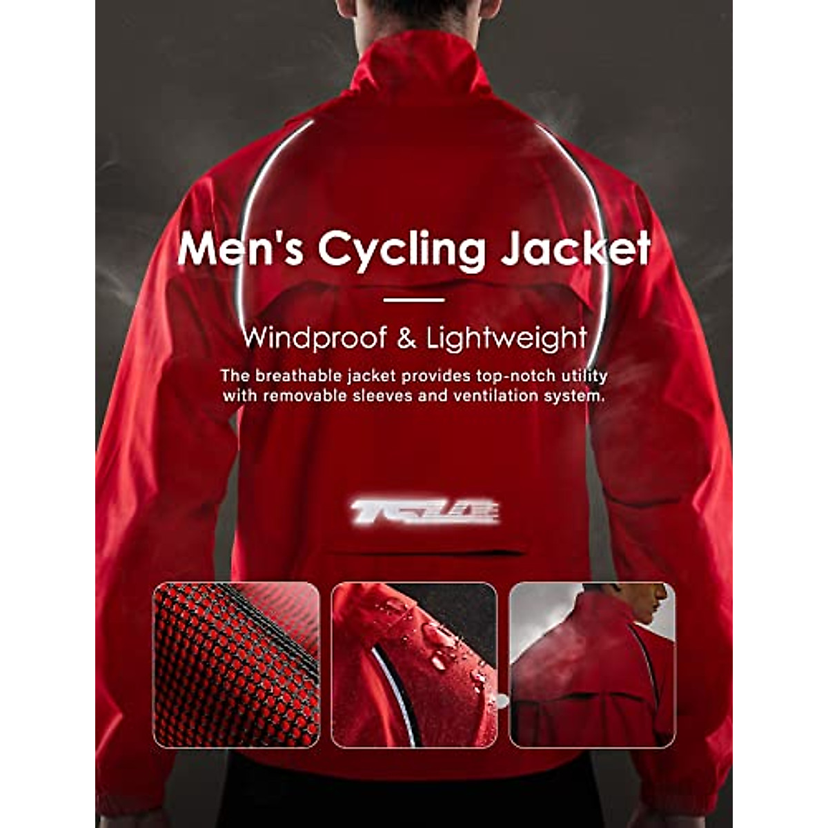 TSLA Men's Cycling Jacket with Removable Sleeves, Reflective Vest Windbreaker, Lightweight Waterproof Running Jackets, Cycling Red, Small