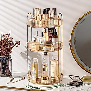 CICUFY Rotating Makeup Organizer Acrylic Perfume Organizer Clear Skincare Organizer Cosmetics Organizer for Vanity Countertop-3 Tier Gold