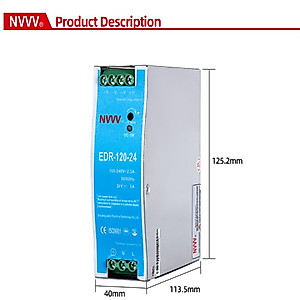 NVVV EDR-120-24 120W 24VDC 5Amp Industrial DIN Rail Power Supplies (24V 120W), Silver