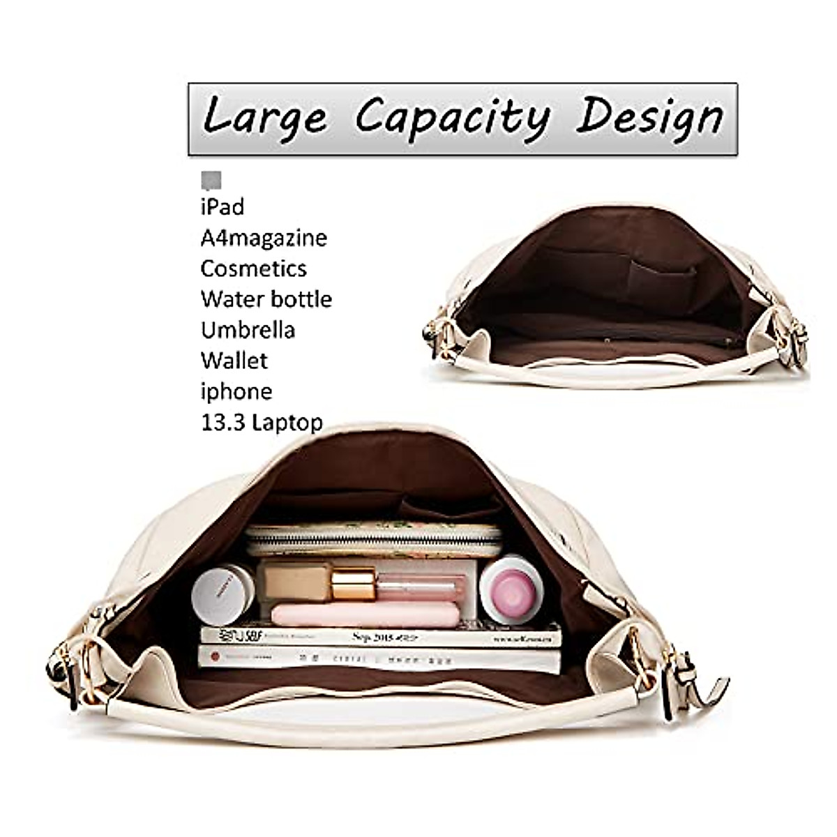 VOGUZY Handbags for Women Large Hobo Shoulder Bags Zipper Purse Tote Bag PU Leather Fashion Tote Satchel Bag Wallets White