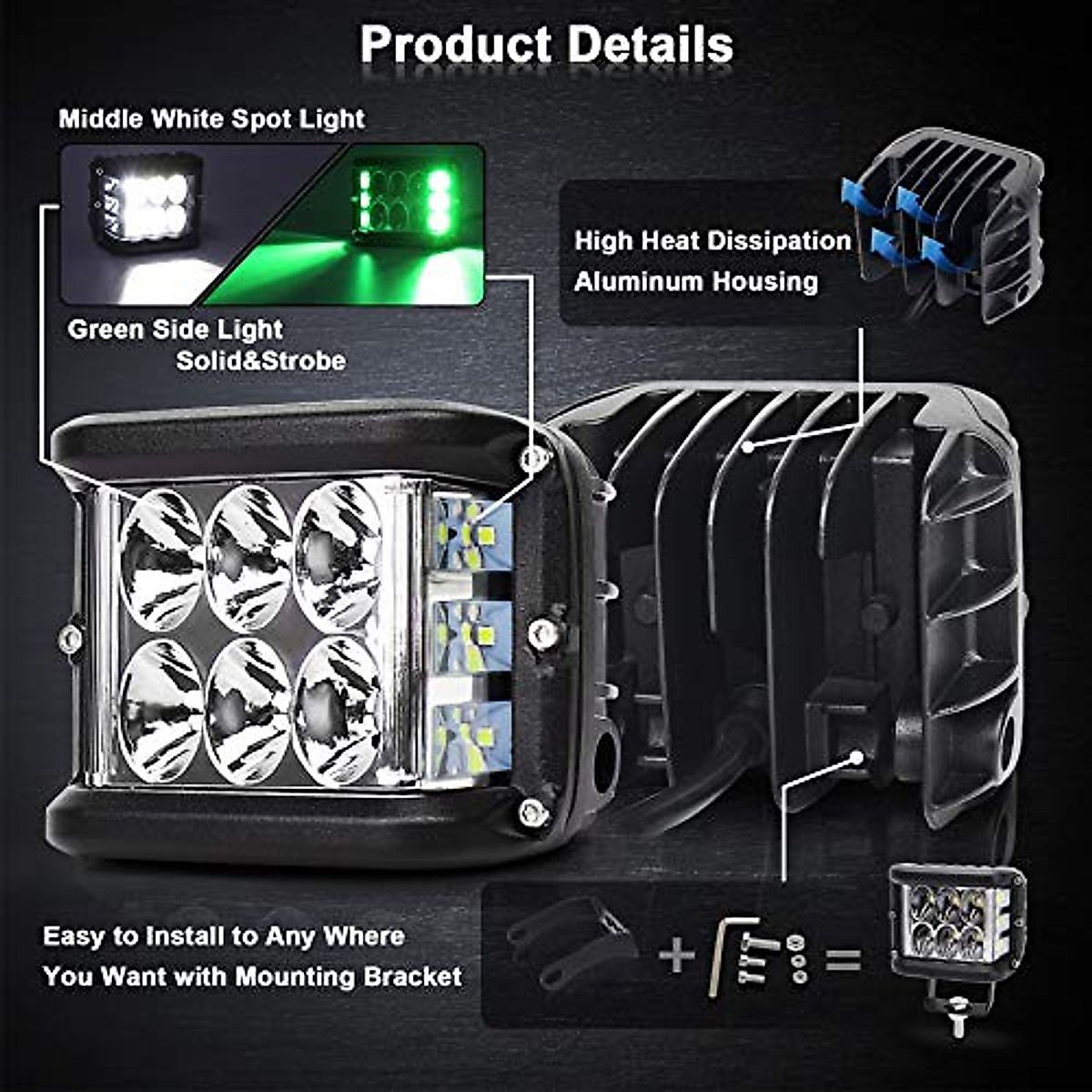 OVOTOR Dual Side Shooter LED Lights 4inch Green DRL Solid&Strobe Off Road LED Pod Lights Driving Lights for Jeep Tractor Plow Truck SUV ATV Motorcycle