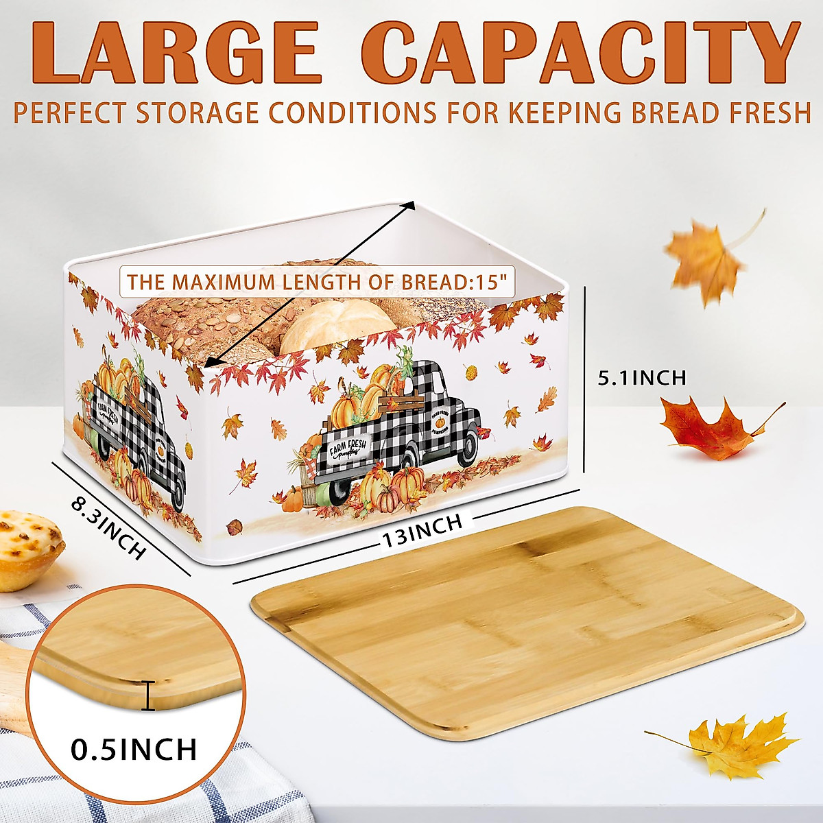 pinata Thanksgiving Decorations Bread Box, Thanksgiving Decor for Home Indoor, Buffalo Plaid Metal Bread Box Storage Container with Bamboo Cutting Board Lid, Fall Bread Container for Kitchen Counter