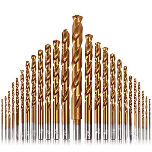 MulWark 25PC Titanium Nitride Coated Twist Drill Bit Set, 135° High Speed HSS Steel Jobber Drill Bits 1/6"-1/2" Straight Round Shank Drill Bits