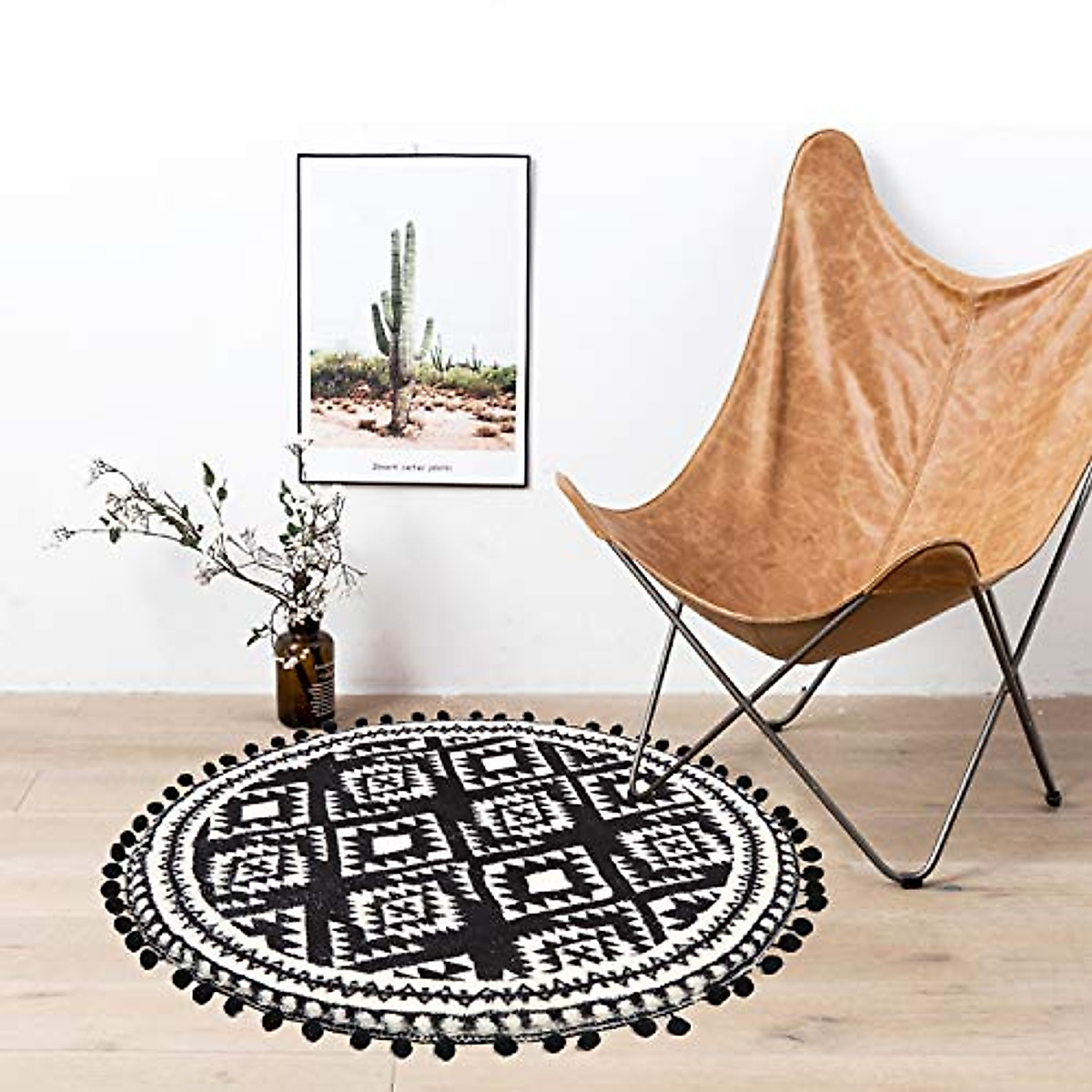 HAOCOO Round Area Rugs 2ft with Pom Pom Ball Fringe Black and Beige Soft Velvet Small Throw Rugs Non-Slip Boho Geometric Floor Carpet for Bedroom Living Room Bathroom Home Decor
