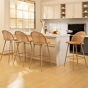 SICOTAS Rattan Bar Stools Set of 2 - Boho Counter Height Barstools - 29" Armless Bar Stools for Kitchen Island - Farmhouse Bar Stools with Back and Leather Cushion - Vintage Design Tall Kitchen Chairs