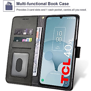 TTYSHTT for TCL 40 XL Case and Tempered Glass Screen Protector, PU Leather Flip Cover Wallet Phone Case Protector [Full Protection] [Card Slots] [Kickstand] for TCL 40 XL, Black