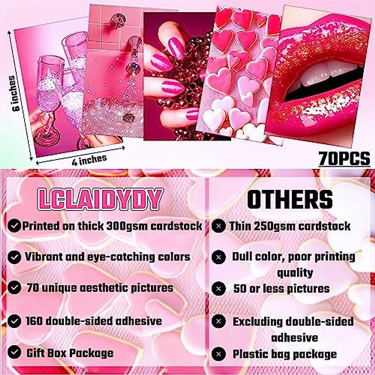 LCLAIDYDY 70PCS Hot Pink Wall Collage Kit Aesthetic Pictures,Pink Room Decor for Bedroom Trendy Small Posters for Room Aesthetic Dorm Photo VSCO Wall Decor Gift for Teen Girls 4x6 Inch