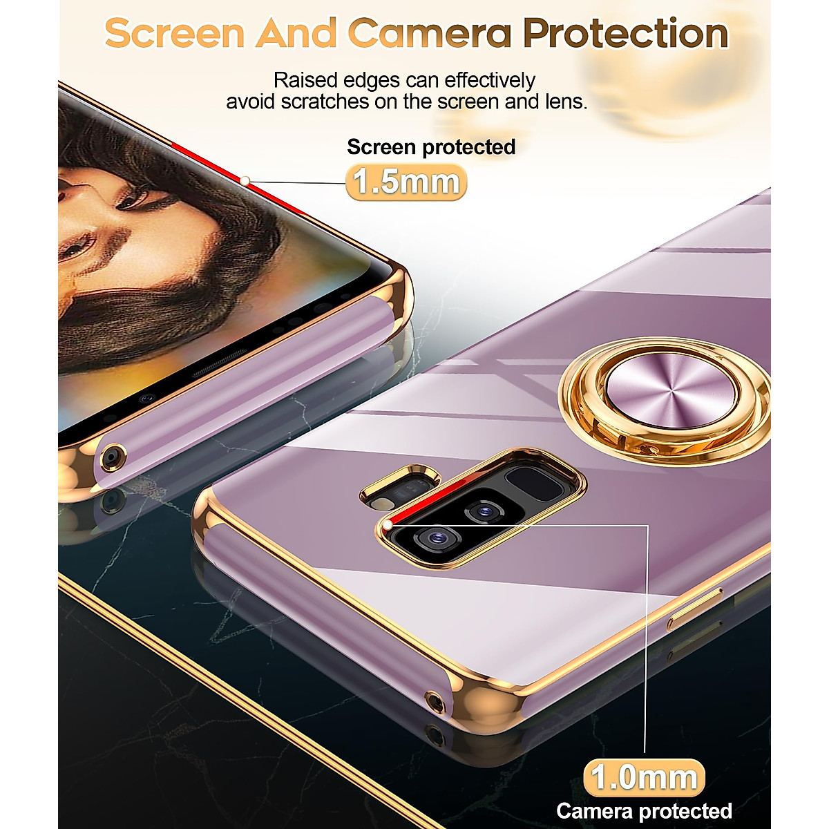 LeYi for Galaxy S9 Plus Phone Case: 360° Rotatable Ring Holder Magnetic Kickstand [ Not Applicable Samsung S9 ], Plating Rose Gold Edge Protective Case, Purple