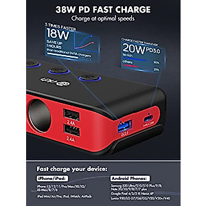 Cigarette Lighter Adapter, 3 Socket Cigarette Lighter Splitter, Fast Car Charger Adapter with 20W USB C PD & 18W QC 3.0 (5V/10.4 A), 12V Multi Port Outlet Extension for GPS/Dash Cam/Radar Detector