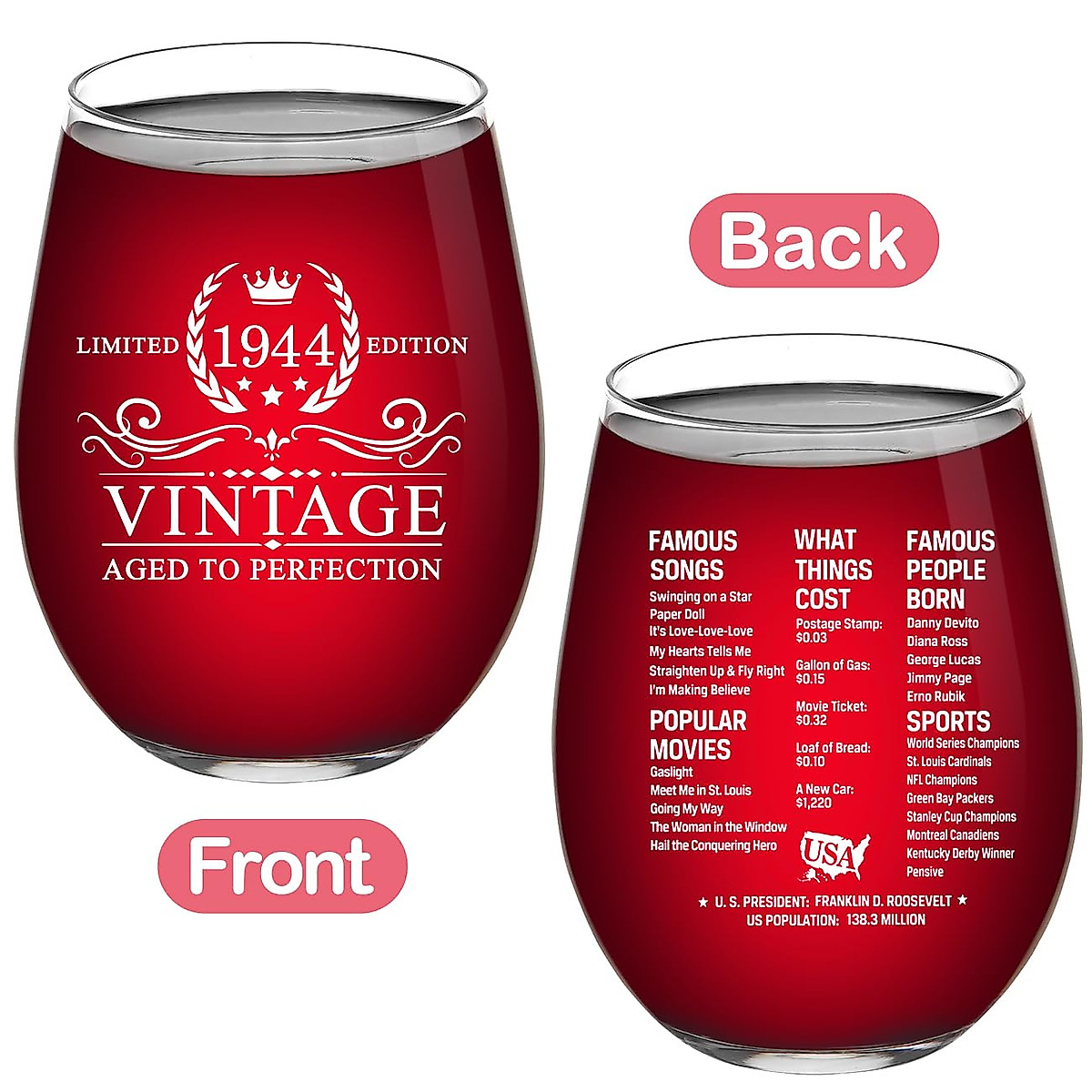 80th Birthday Gifts for Women Men - Vintage 1944 Limited Edition Stemless Wine Glass 15 oz- 80 Year Old Women Gifts -80th Birthday Gift and Home Use - 80 Year Old Birthday Party Decorations - 1 PACK
