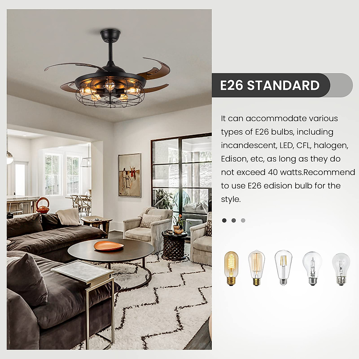 Moooni 48" Industrial Caged Ceiling Fan with Lights and Remote, Black Fandelier, Vintage Retractable Blades Chandelier Fan Light Kit for Bedroom Farmhouse