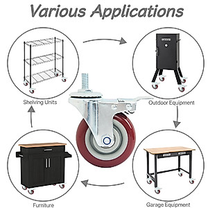 Finnhomy Swivel Caster Wheels 4 Inch Threaded Stem Casters Set of 4 Heavy Duty 1/2"-13 x 1" with Brake Polyurethane Industrial Locking Castors Wheels for Cart/Furniture 2200 Lbs Smooth Casters, Red