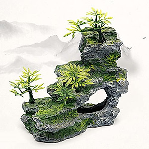 IBWell Aquarium Ornament Rock Cave Landscape Artificial Mountain View Stone with Moss Tree Fish Tank Decoration (#Hill A)