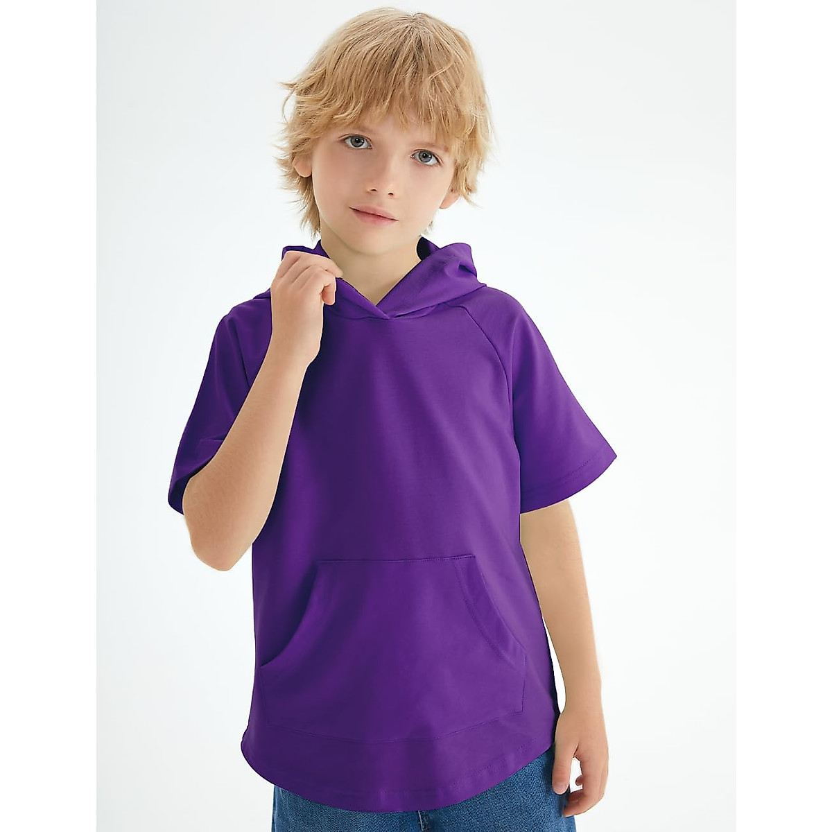 Spring&Gege Boys Light Weight Short Sleeve Hoodie Casual Solid Pullover Hooded T-shirt with Pocket, Purple, 9-10 Years