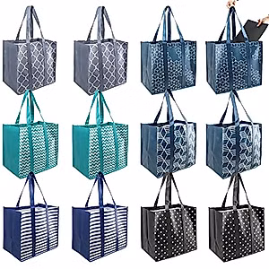 BeeGreen 12 Pieces Reusable Grocery Bags Extra Large Shopping Totes with Removable Bottom Durable Heavy Duty Easy to Clean for Groceries Foldable Grey Navy Teal Blue Black