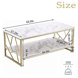MKJLWO White Coffee Tables for Living Room, Square Marble Gold Coffee Table 2-Tier Storage Modern Center Table White Home Furniture Office Decor 43×21in