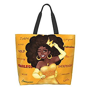 LMSM African American Woman Washable Shopping Bag Afro Black Girl Magic Large Casual Satchel Handbags Beach Bag For Gift Shopping Work