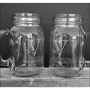 Initial Mr Mrs Set of 2 Personalized Mason Jar Drinking Mugs with Handle Custom Etched Name Date for Wedding, Engagement Anniversary Bridal Party Favor Newlyweds Couple Engraved His and Hers Gift Idea