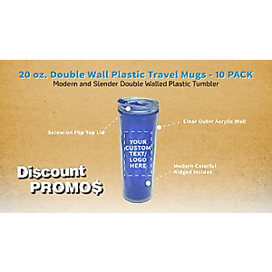 Personalized 20 oz. Double Wall Plastic Travel Mugs - 10 Pack - Custom Text, Logo - Blue