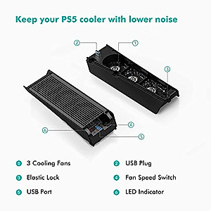KIWIHOME Cooling Fan for PS5 Accessories, Upgraded Quiet Cooler Fan with LED Light, Horizontal Cooling Accessories with USB3.0 Hubs, Efficient Cooling System for PS5 Disc and Digital Edition(Black)