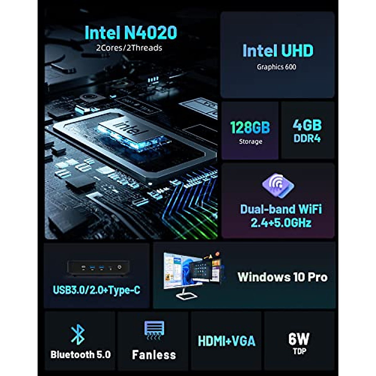 ATOPNUC Mini PC Intel Celeron N4020 Mini Desktop Computers, Micro Computer Support M.2 SATA SSD/2.5-inch SSD,4K HD,Dual WiFi, BT5.0 for Business Home Office N4020 4GB+128GB / Windows 10 Pro