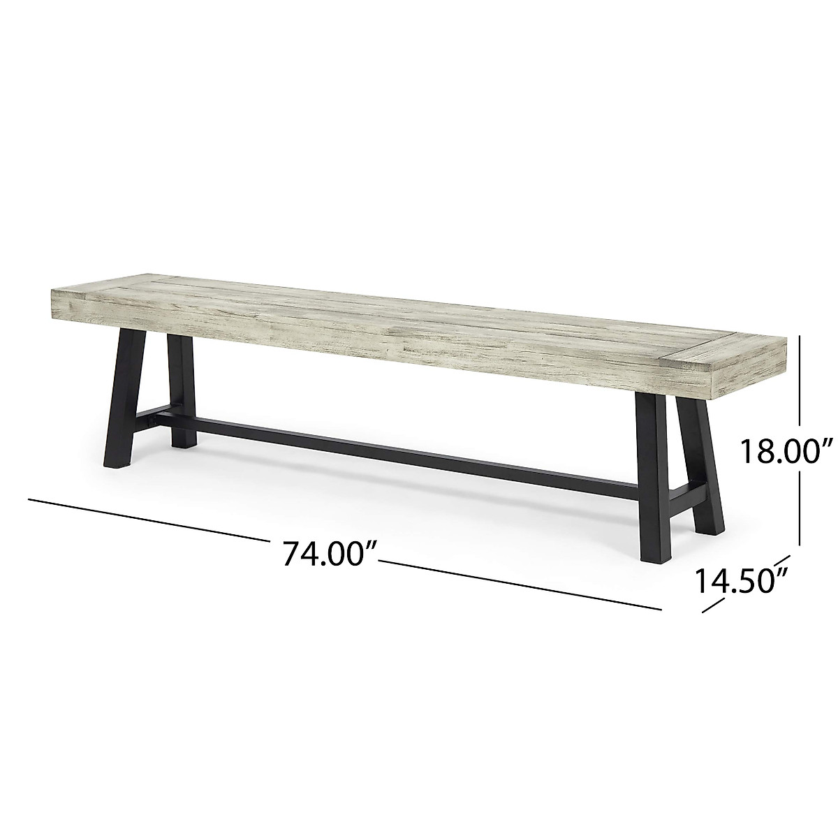 GDFStudio Outdoor Acacia Wood Bench, Sandblast Light Gray Wash and Black Metal