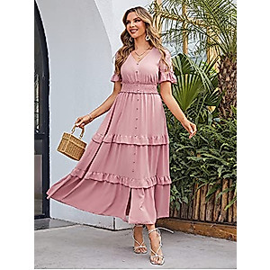 Amegoya Women's V Neck Summer Boho Maxi Dress Wedding Guest Tiered Ruffle Sleeve Long Flowy Dresses (Pink XL)