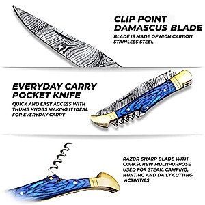 WARLOCKS CLUB Handmade Damascus Pocket Knife with Sheath, 7" Folding Hunting Knife for Outdoor Camping, Laguiole Pocket Knife, Cork Screw for Wine or Bottle Opener