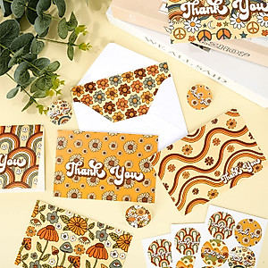 AnyDesign Retro Floral Thank You Cards Bulk 30 Pack Boho Rainbow Flower Note Cards with Matching Seal Stickers Envelopes Hippie Greeting Blank Cards for Birthday Baby Shower Bridal Party, 4 x 6 Inch