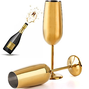 DEAYOU 2-Pack 18/10 Stainless Steel Champagne Glasses, Gold Metal Wine Goblet Cup for Cheers, Wedding, Party
