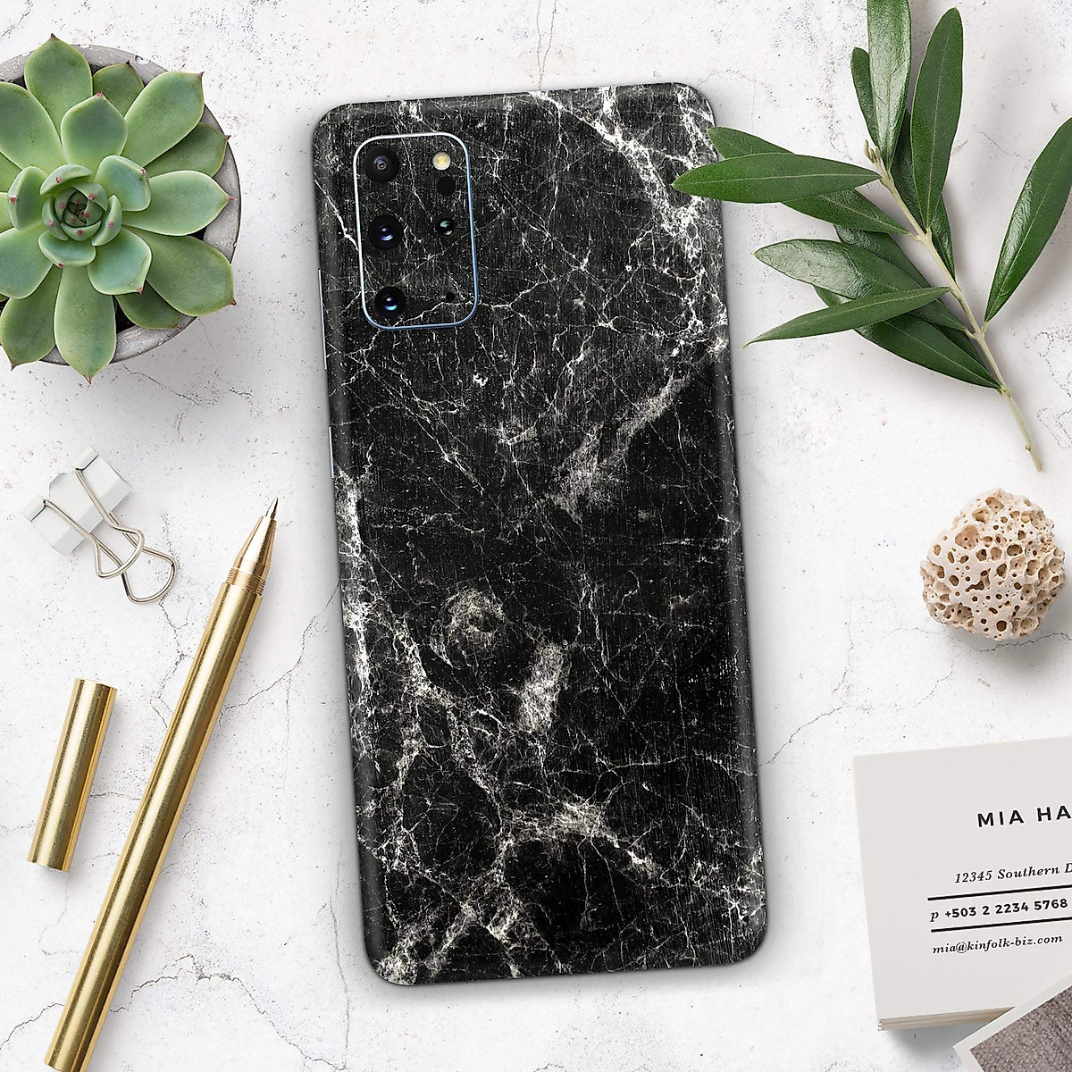 DesignSkinz Black Scratched Marble Protective Vinyl Decal Wrap Skin Cover Compatible with The Samsung Galaxy S20 (Screen Trim & Back Glass Skin)