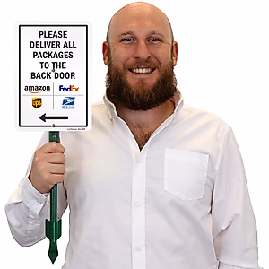 SmartSign 10 x 7 inch “Please Deliver All Packages To The Back Door” Left Arrow Yard Sign, 40 mil Laminated Rustproof Aluminum, 21.5 inch Tall Sign & Stake Kit, Multicolor, Made in USA