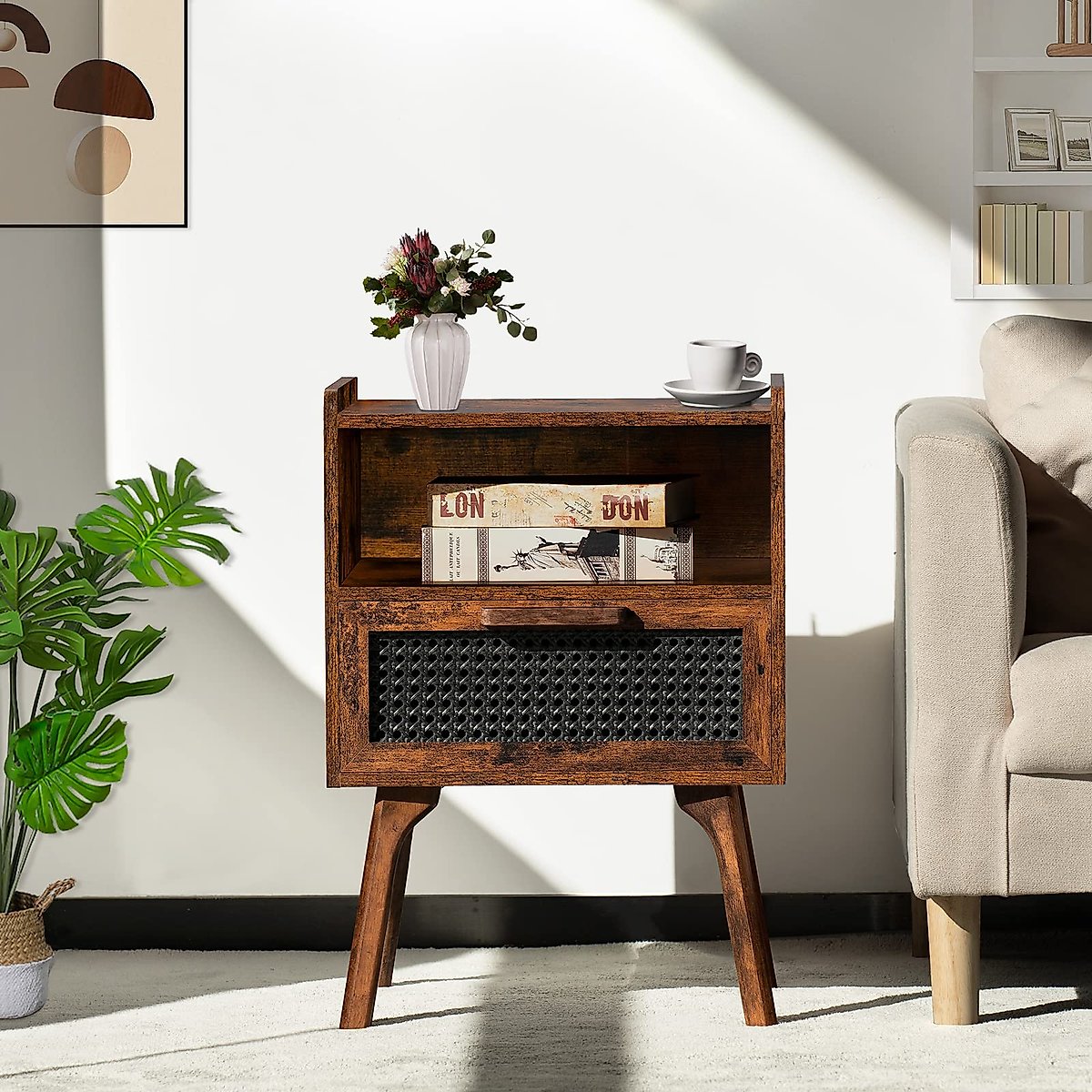 Lerliuo Rattan Nightstand, Side Table with Drawer Open Shelf, Cane Accent Bedside End Table with Solid Wood Legs, Mid Century Modern Night Stand for Bedroom, Dorm and Small Spaces (Brown)