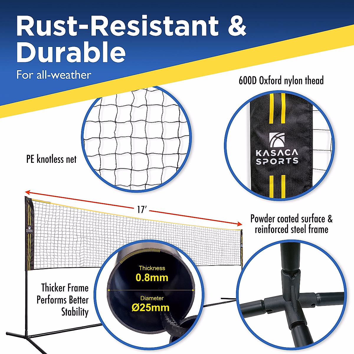 Kasaca 17 Feet Portable Multipurpose Net for Casual Use Beach Paddle Game Beach Volley Ball Net Set Casual Pickleball Net Portable Outdoor Badminton Net for Driveway Indoor Ball Game Nets